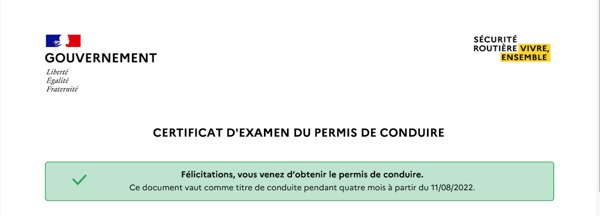 Résultat favorable au permis de conduire